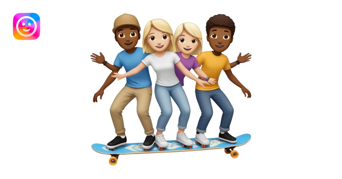Four People Two Black Guys One White Guy One White Girl On One Long Skateboard Emoji Ai
