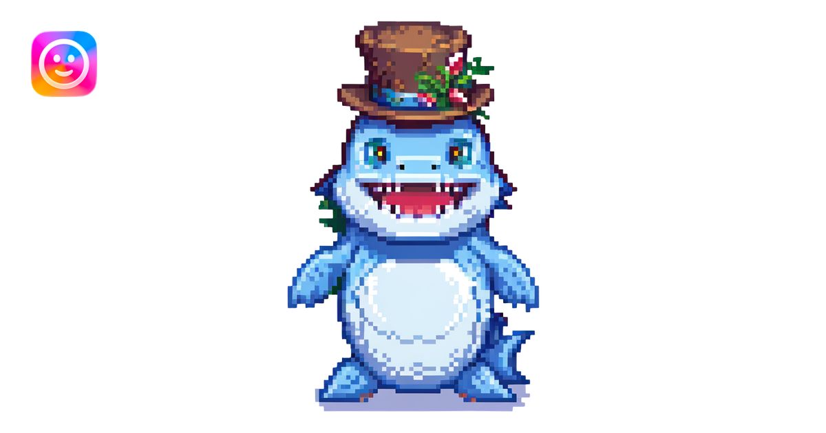 pixel art shark in a tophat, smiling illustration | AI Emoji Generator