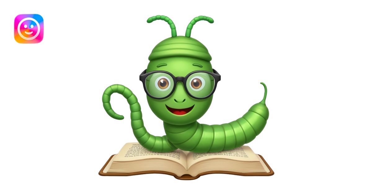 green Worm with glasses reading book emoji | AI Emoji Generator