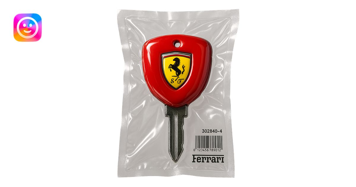 classic Ferrari key, red, with yellow Ferrari shield logo, shiny and ...