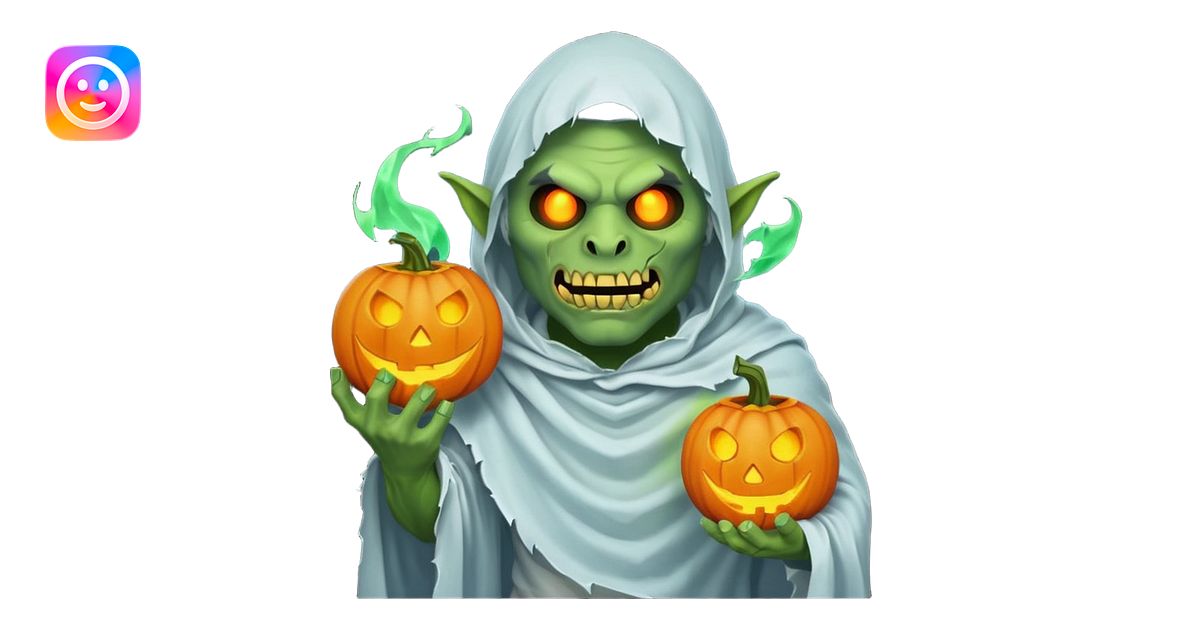 male orc ghost emoji, green skin, tusks, wearing torn white ghost sheet ...
