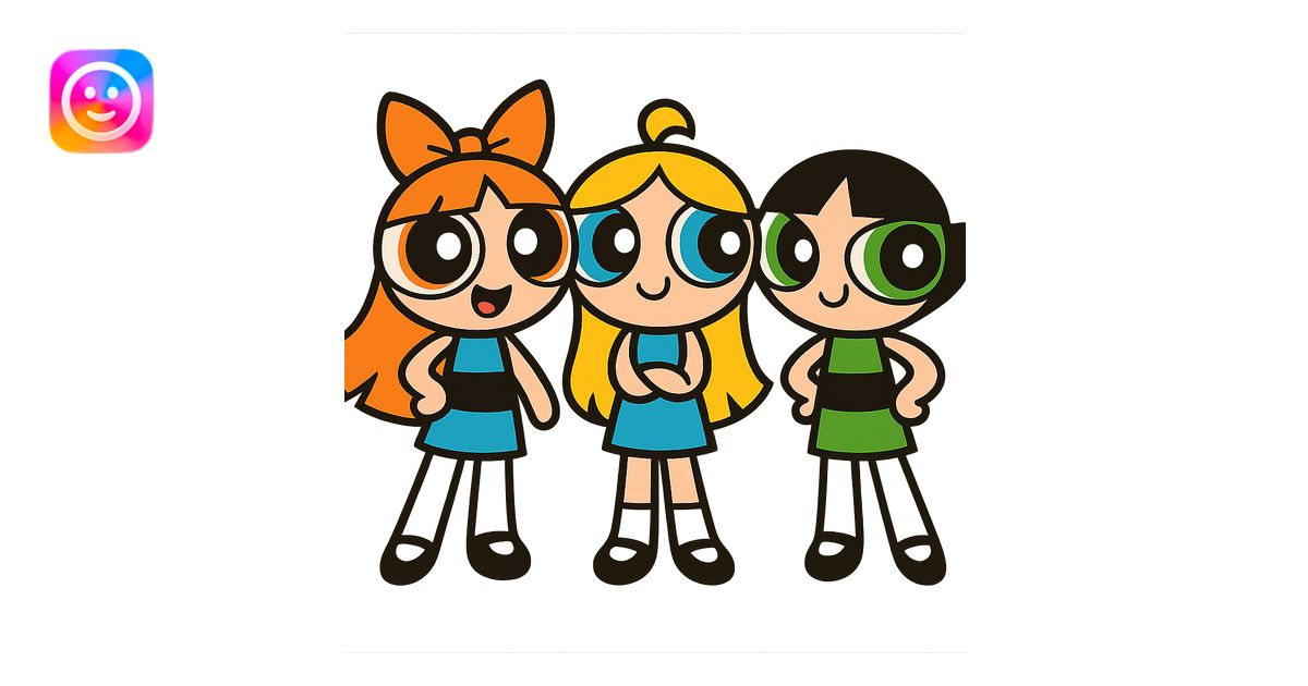 three cartoon girls with big eyes, inspired by the Powerpuff Girls ...