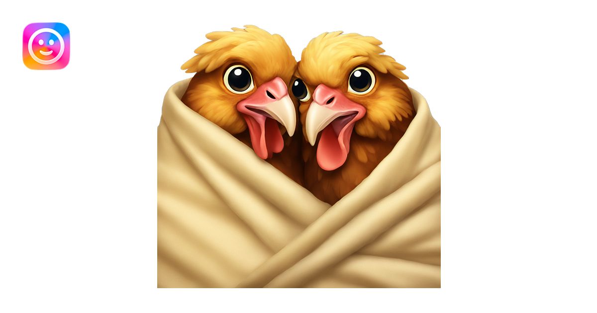 Two chickens snuggling under a blanket emoji | AI Emoji Generator