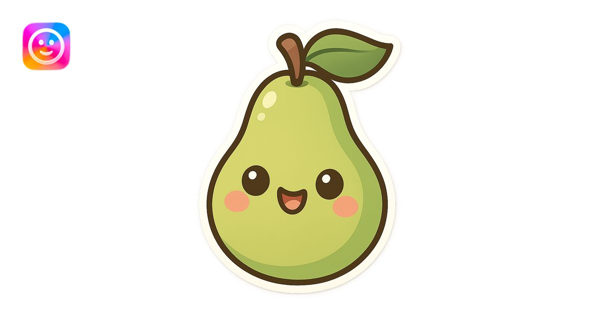 chibi sticker-style pear with a smiling face, cute and exaggerated ...