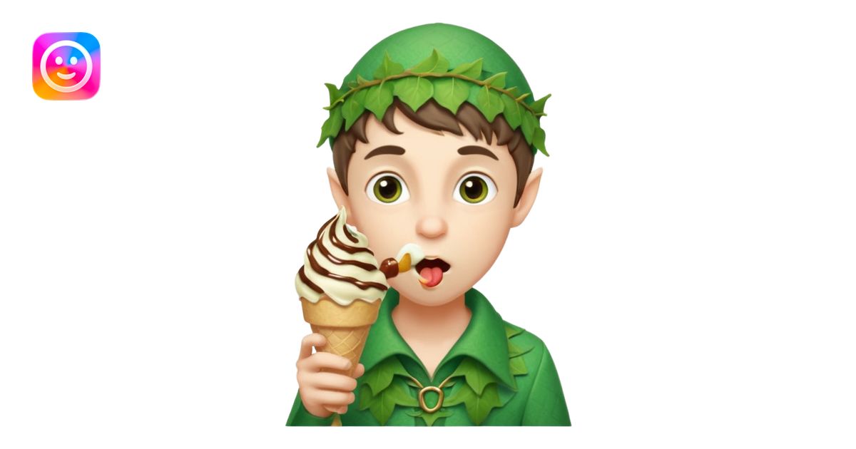 A young elf boy in leafy clothes licking a triple-scoop ice cream with ...