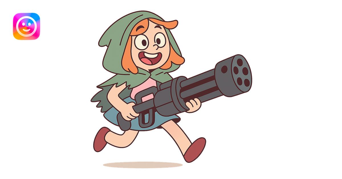 cheerful stalker girl with a massive machine gun, cute and exaggerated ...