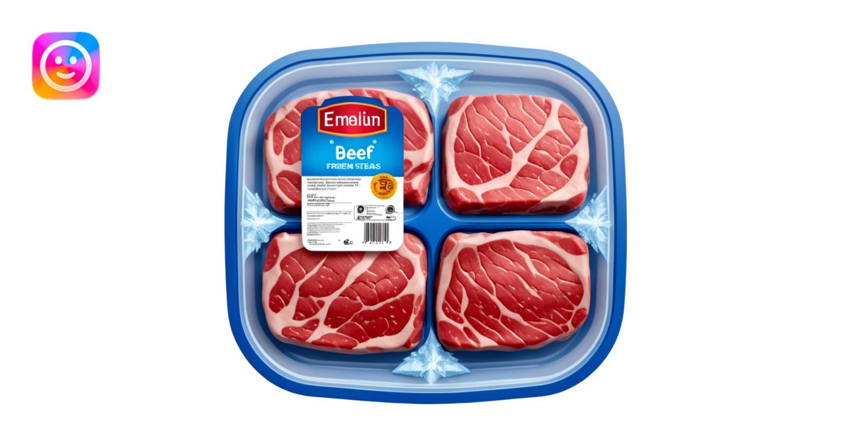 A vacuum-sealed plastic tray of frozen beef steaks, with visible frost ...