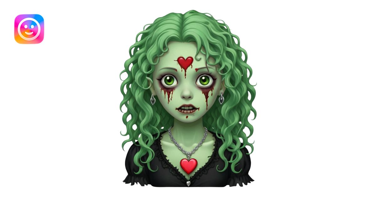 a green zombie girl with a scar on her face, long curly hair, wearing a ...