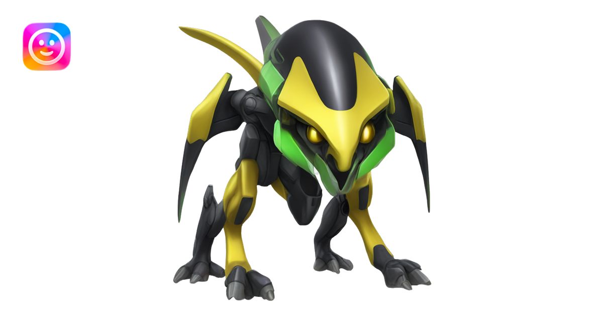 a shiny black-yellow-green Genesect-Raptor-Fakémon—hybrid with a ...