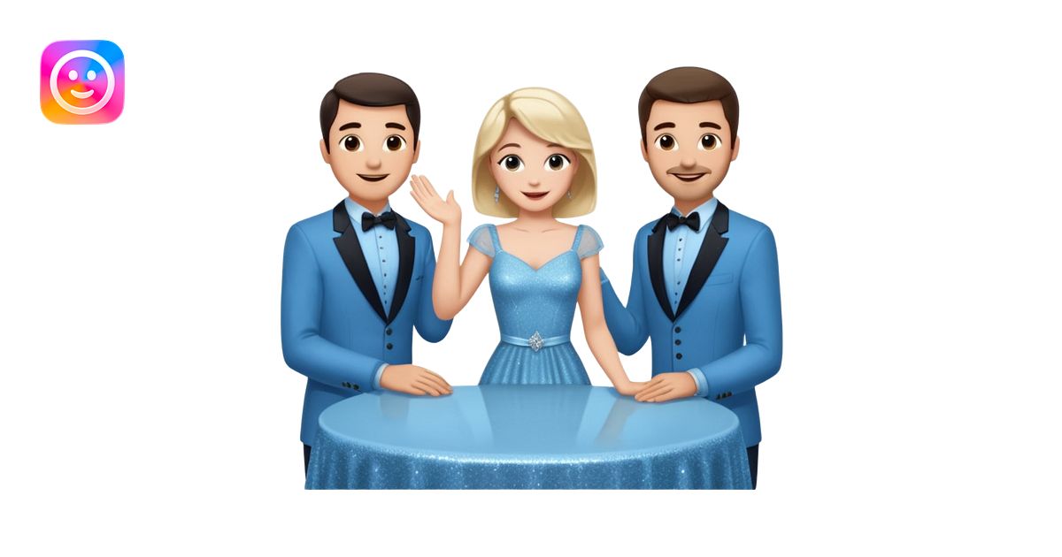 Sabrina’s carpenter in a light blue sparkly dress at a table with 3 ...