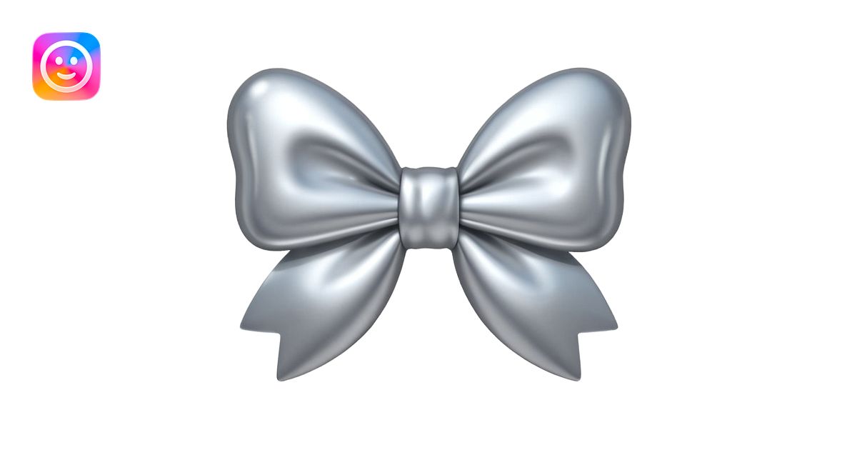 A cute bow emoji made of polished silver chrome, smooth rounded loops ...