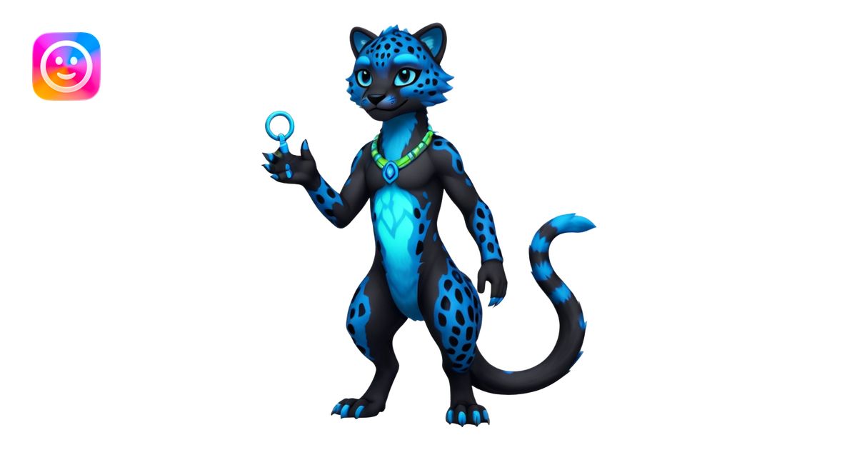 Realistic Obsidian-black fur body with neon-glowing-blue ring-markings ...