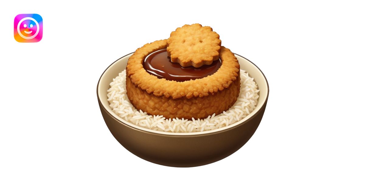 bowl filled with rice, a bit of brown sauce over the rice and a breaded ...