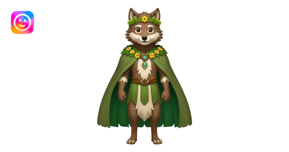wolf dressed as a druid, flower crown, green cape, full body icon emoji ...