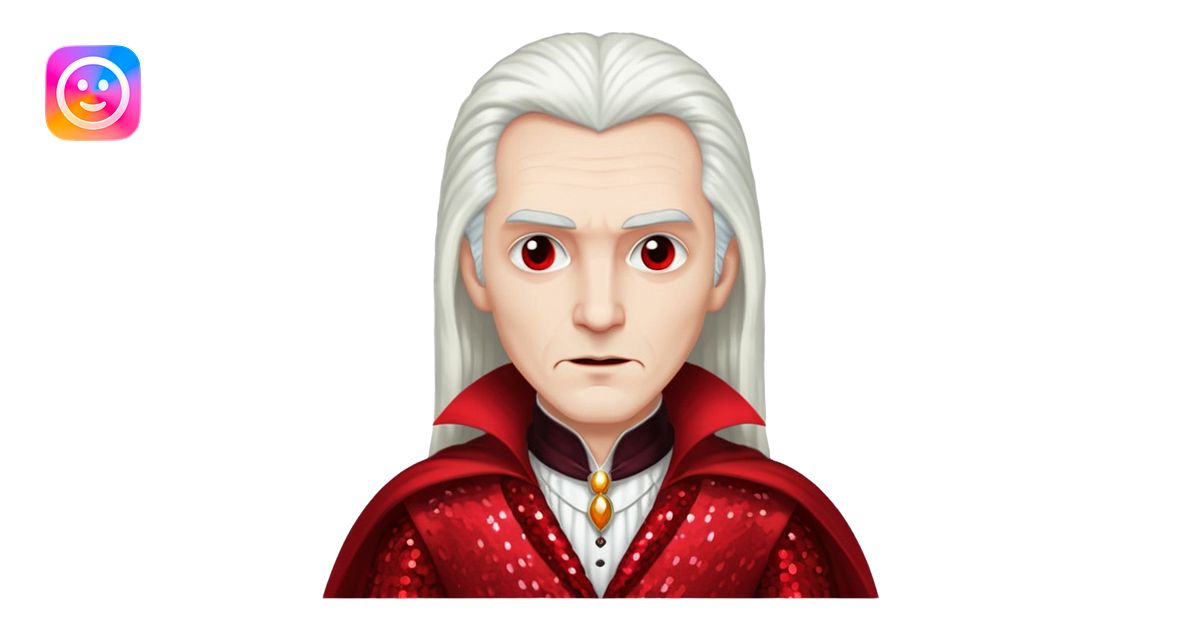 Dracula with long white hair, red sequin outfit emoji | AI Emoji Generator