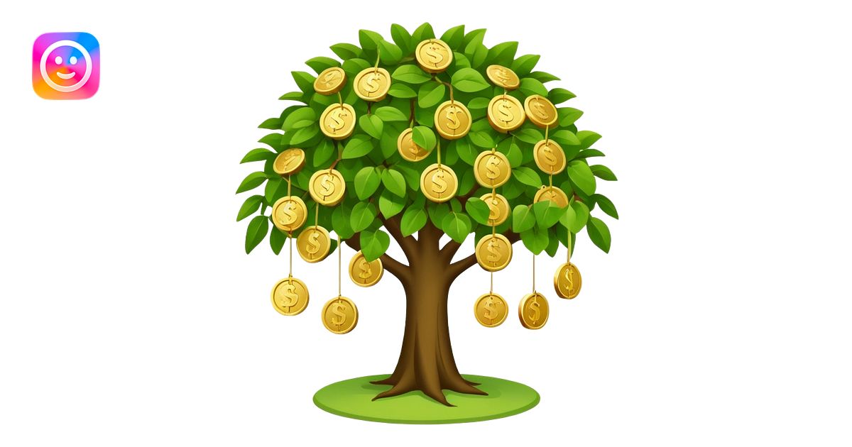 Apple-style money tree (not so mush coins), round soft green canopy. No ...