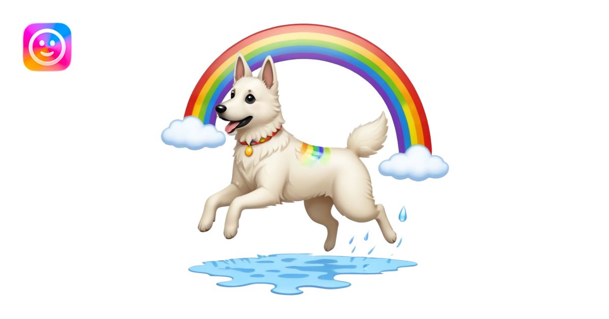White belgian Shepard jumping over Rain puddles. There is a rainbow in ...