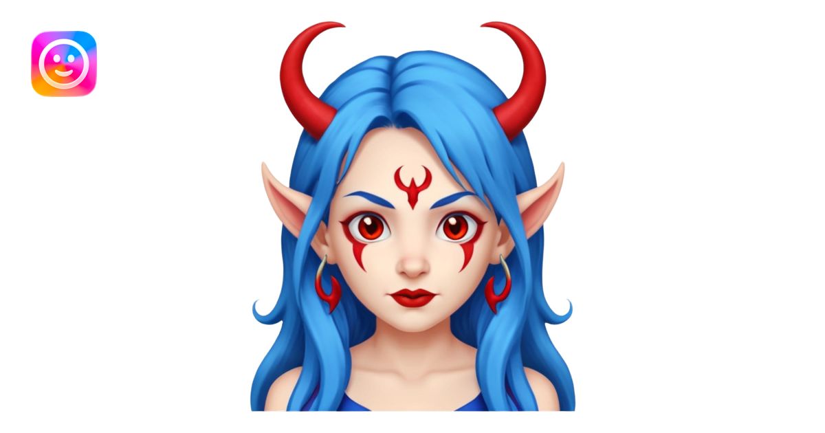 Female devil with long blue hair and horns, cute face, half body emoji ...