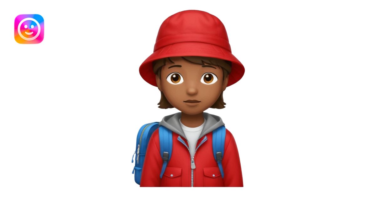 Little student brown wears red bucket hat and jacket, backpack, shy ...