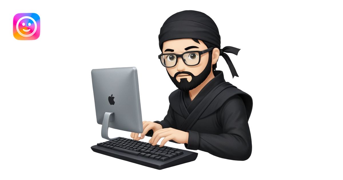 Man with black hair and beard wearing glasses in a ninja costume typing ...