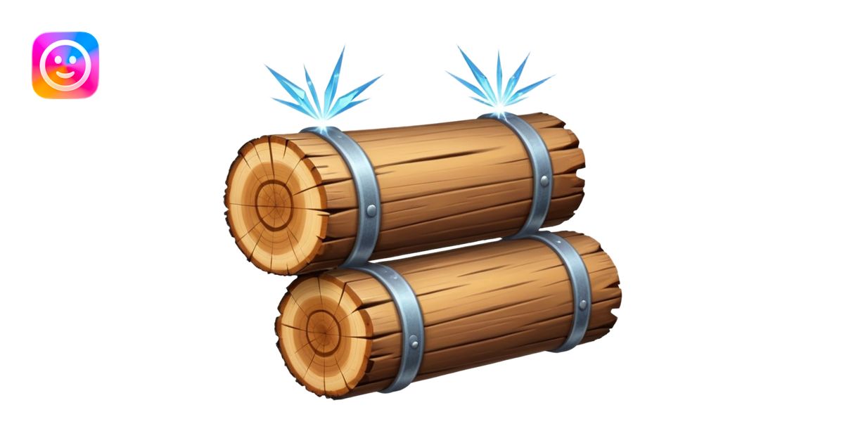 two logs, one propped up sideways on the bottom log, with a sparkle in ...