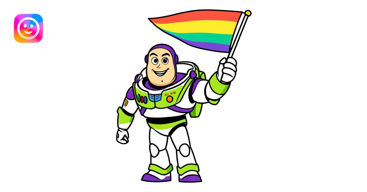 Buzz lightyear holding a gay Pride flag image | AI Emoji Generator