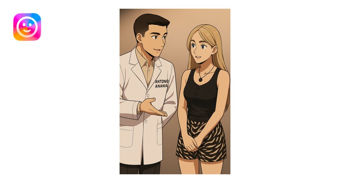 fai un webtoon/manga a colori con questo kinesiologo in camice bianco (fagli la scritta "ANTONIO ...