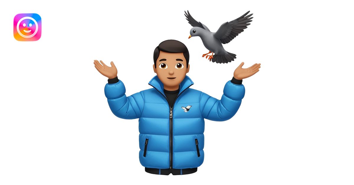 puffer shiny black jacket man open arms looking at a flying pigeon ...