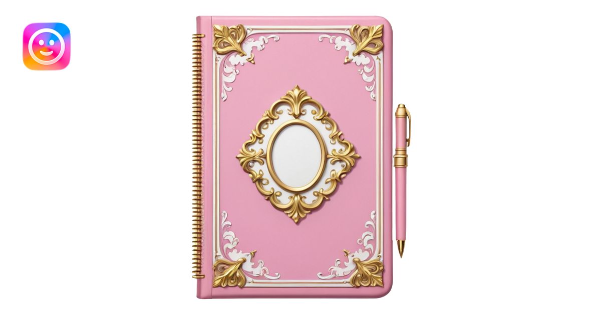 Notebook rococo style, gold and pink and white. angled view. with pen emoji | AI Emoji Generator