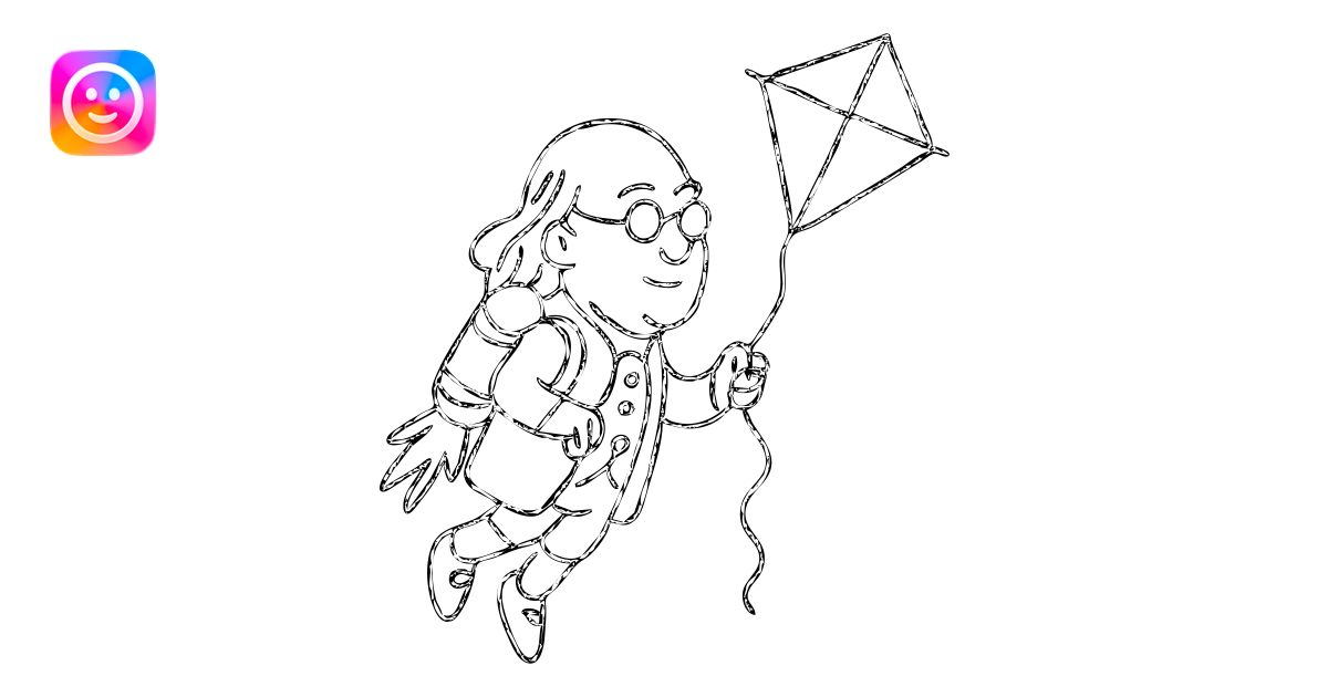 Ben Franklin with jetpack and diamond kite, hand-drawn black outline ...