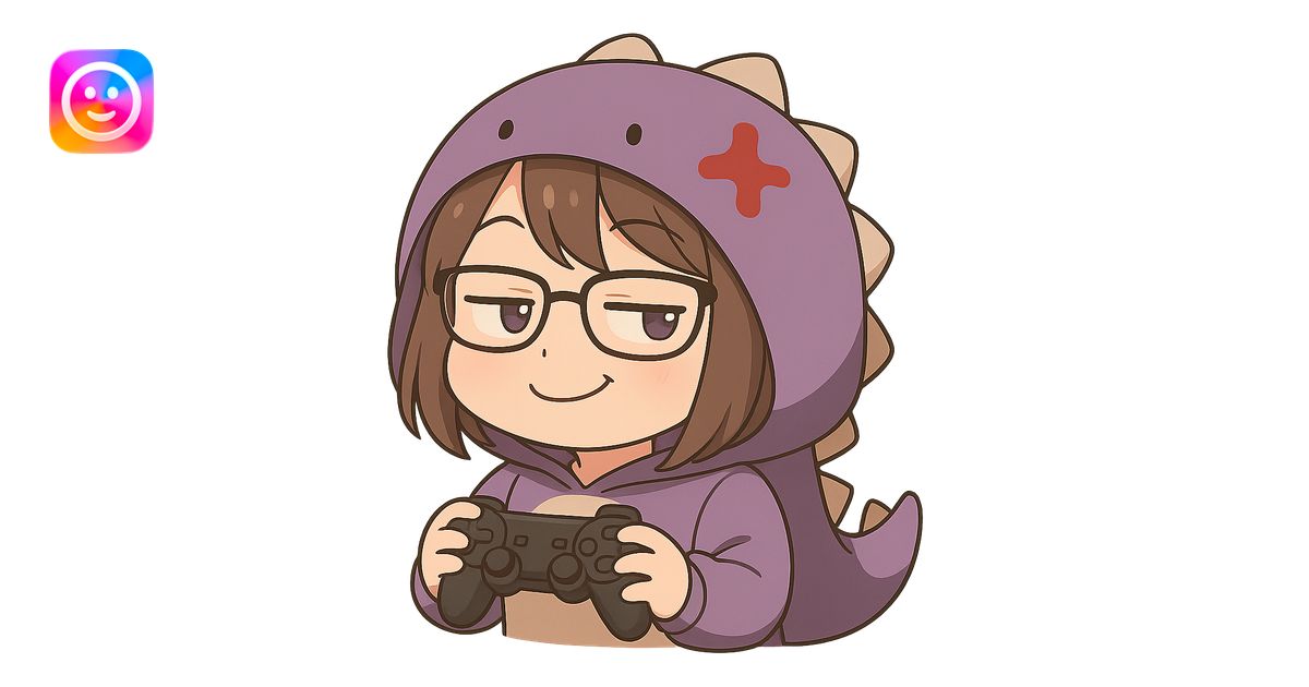 Chibi anime style gamer girl with glasses, brown hair, dark purple eyes ...