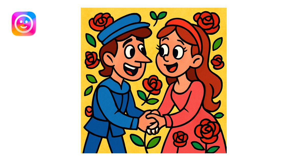 Romeo and Juliet holding hands, surrounded by cartoon roses, cheerful ...