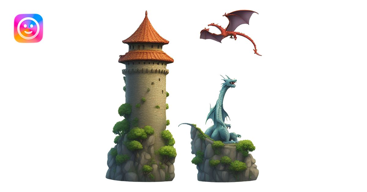 Two of the same tower and a small dragon flying emoji | AI Emoji Generator