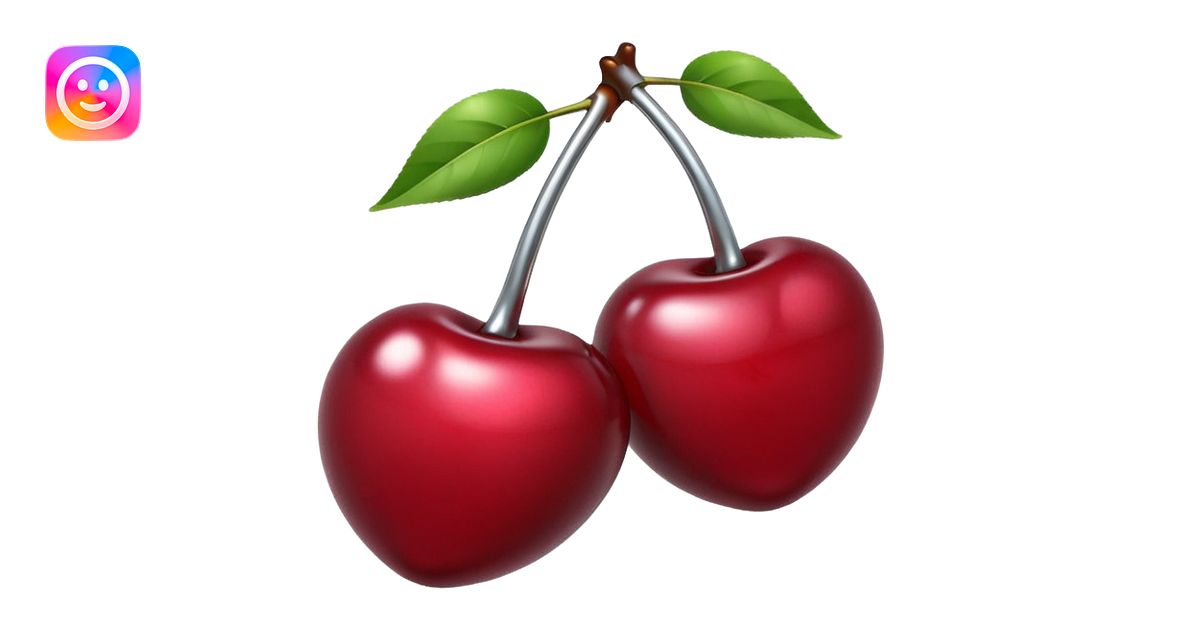 A pair of cherries emoji made of liquid silver chrome, smooth rounded ...