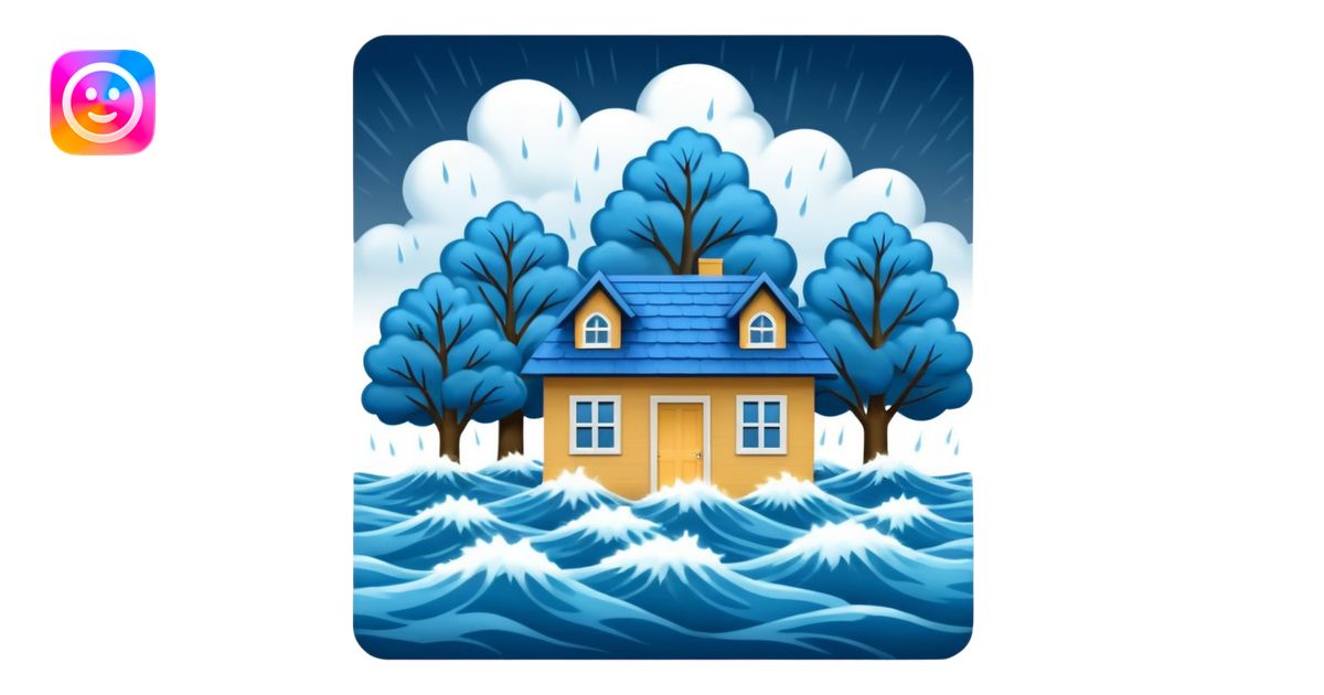 showing a flood disaster scene with powerful blue water waves ...