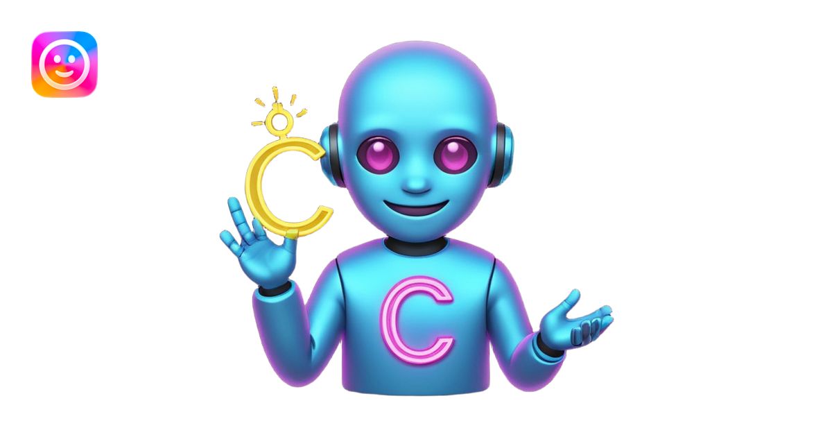 Tiny smiling cyber creature made of neon lines, holding a small glowing ...