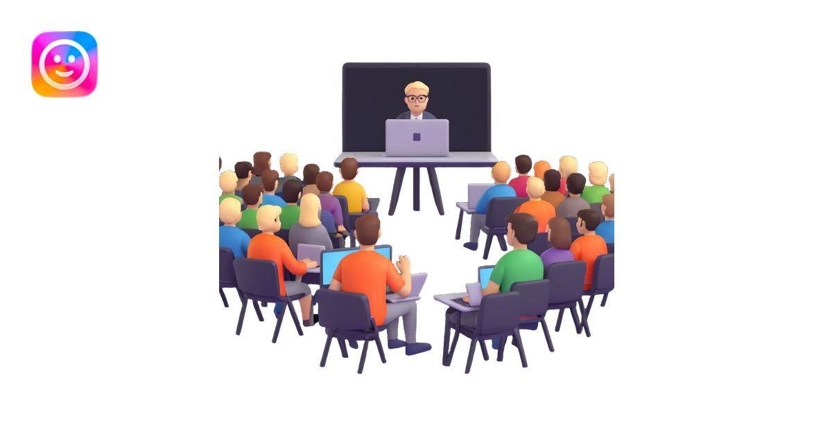 webinar scene with presenter on a laptop screen and audience watching ...