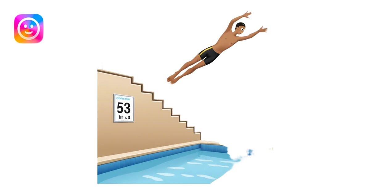 A diver mid-air after jumping off a head diving pool, Below him, a pool ...