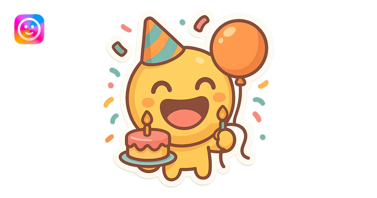 festive emoji with big smile, party hat, holding cake and balloon ...