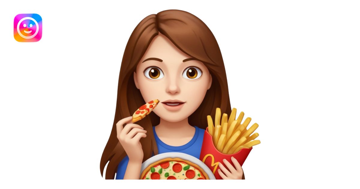 lean female with long hair holding fries and eating pizza emoji | AI ...