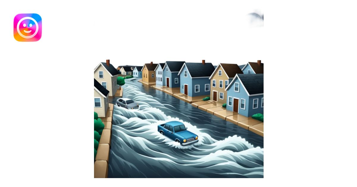 showing a flood disaster scene with strong water waves overflowing ...