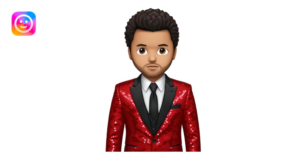 The Weeknd with dark brown hair, red sequin suit jacket, black shirt ...