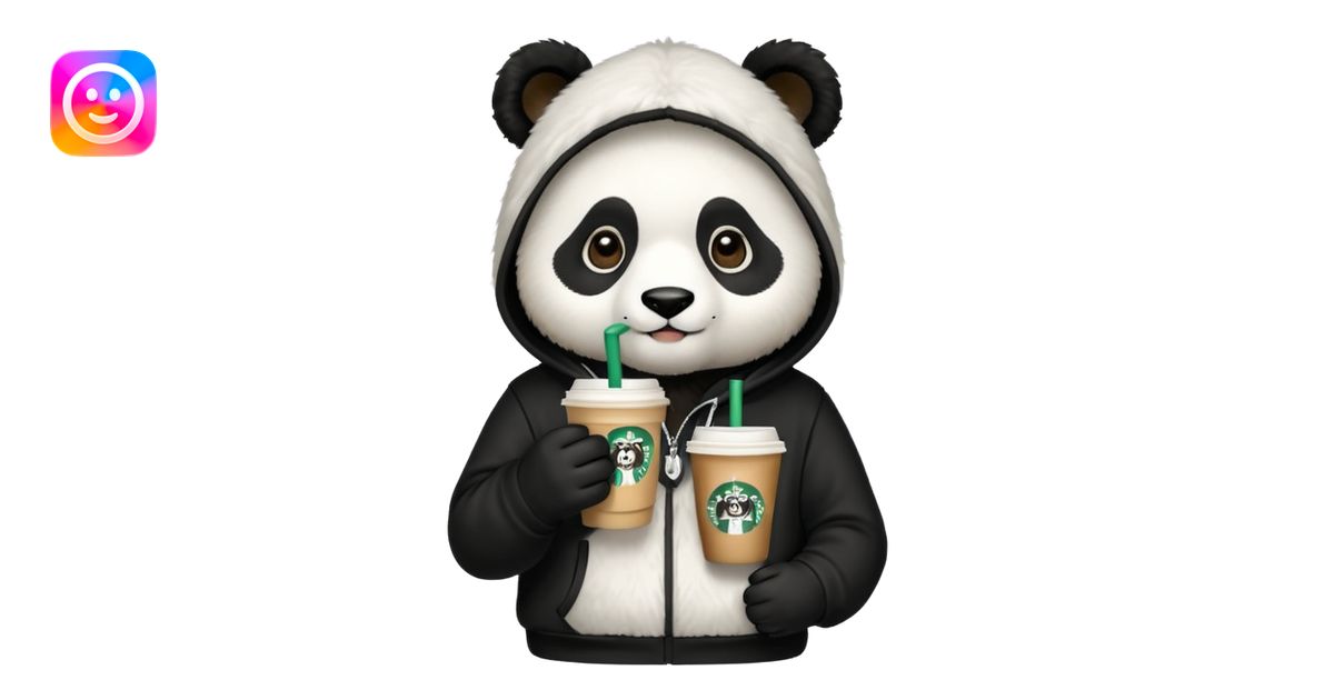 Panda wearing a hoodie and drinking Starbucks emoji | AI Emoji Generator
