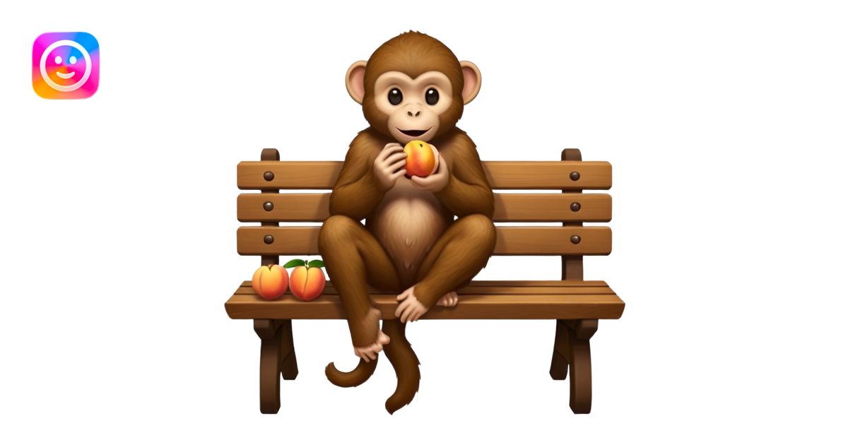 monkey(full body) sitting on a bench and eating peach and chocolate ...