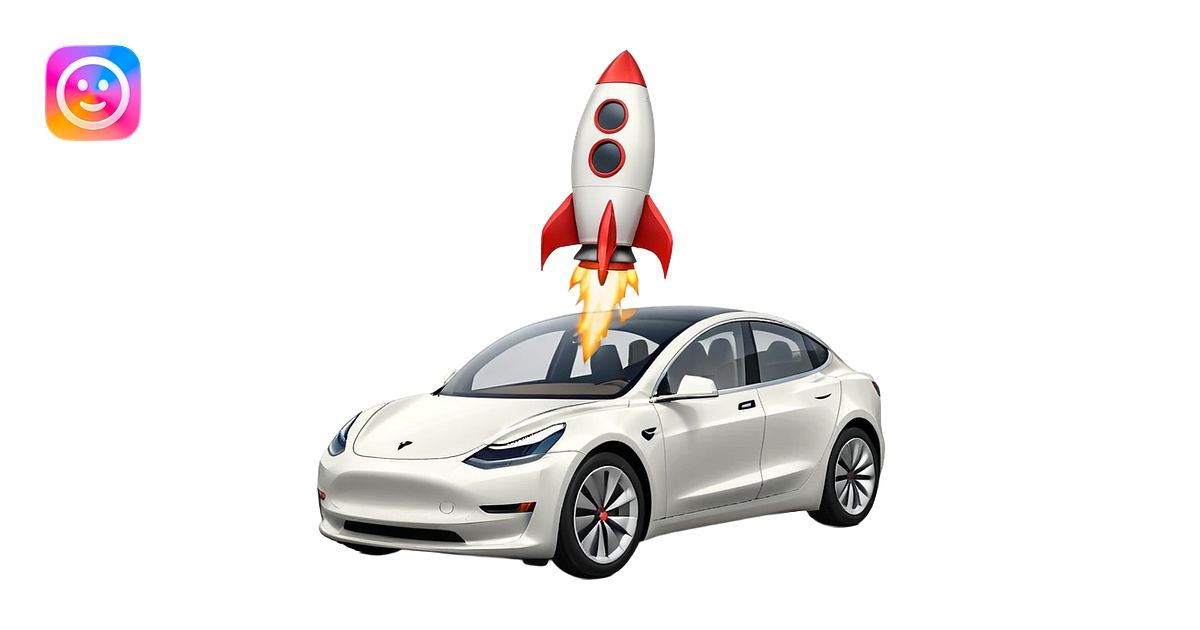 Tesla model 3 white. Icon. Rocket boost on roof emoji | AI Emoji Generator
