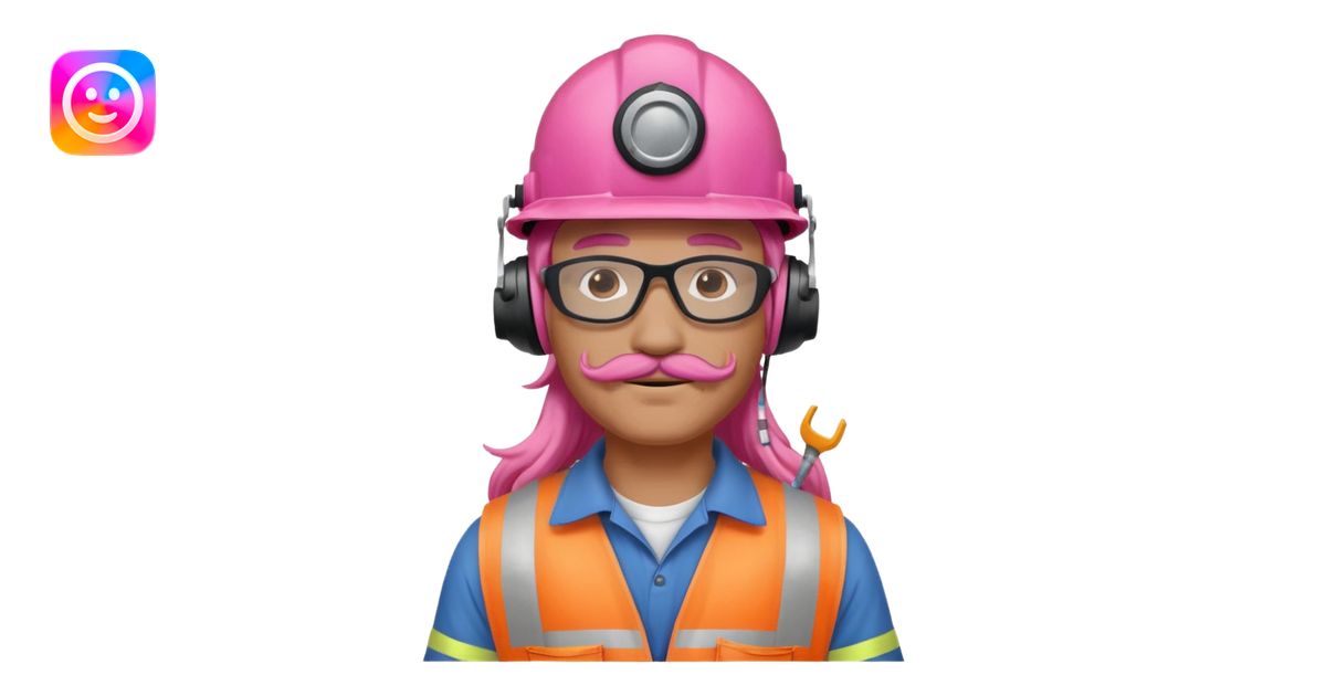 construction worker with long pink hair and ppe headphones and mustache ...