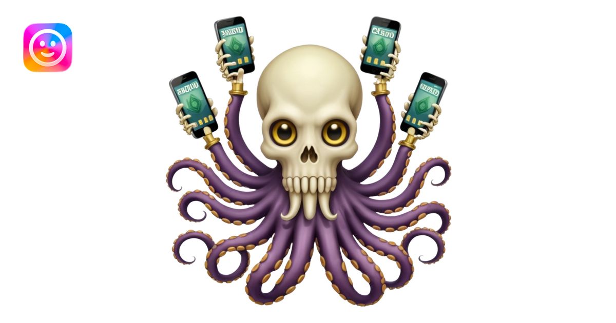 satanic octopus skeleton. Evil looking eyes, wearing a gold necklace. 2 ...