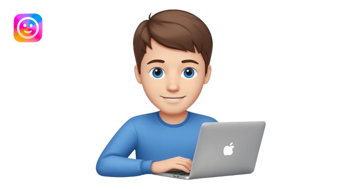 blue-eyed European man typing on a MacBook, friendly look emoji emoji ...