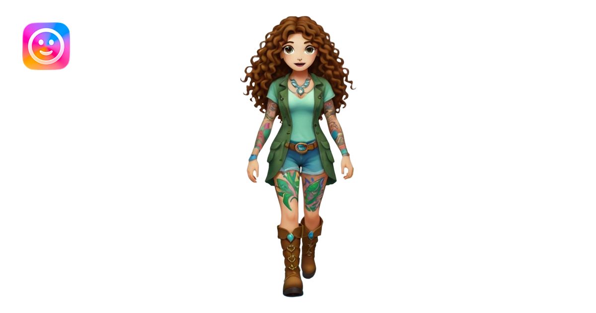 full body view of a woman with long curly brown hair, brown eyes, white ...