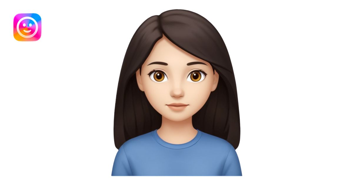 Create an Apple-style emoji of a young woman with long dark hair, brown ...